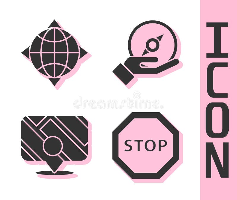 Set Stop Sign, World Globe with Compass, Infographic of City Map ...