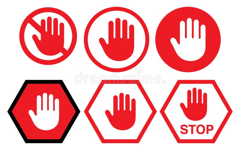 Set of Stop Street Icon Collection. Stop Hand Sign with Text. Red Stop ...