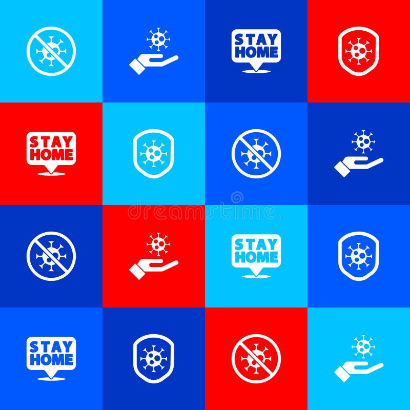 Set Stop Virus, Hand with, Stay Home and Shield Protecting from Icon ...