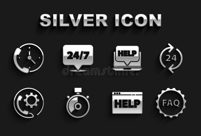 Set Stopwatch, Telephone 24 Hours Support, Label with Text FAQ, Browser ...