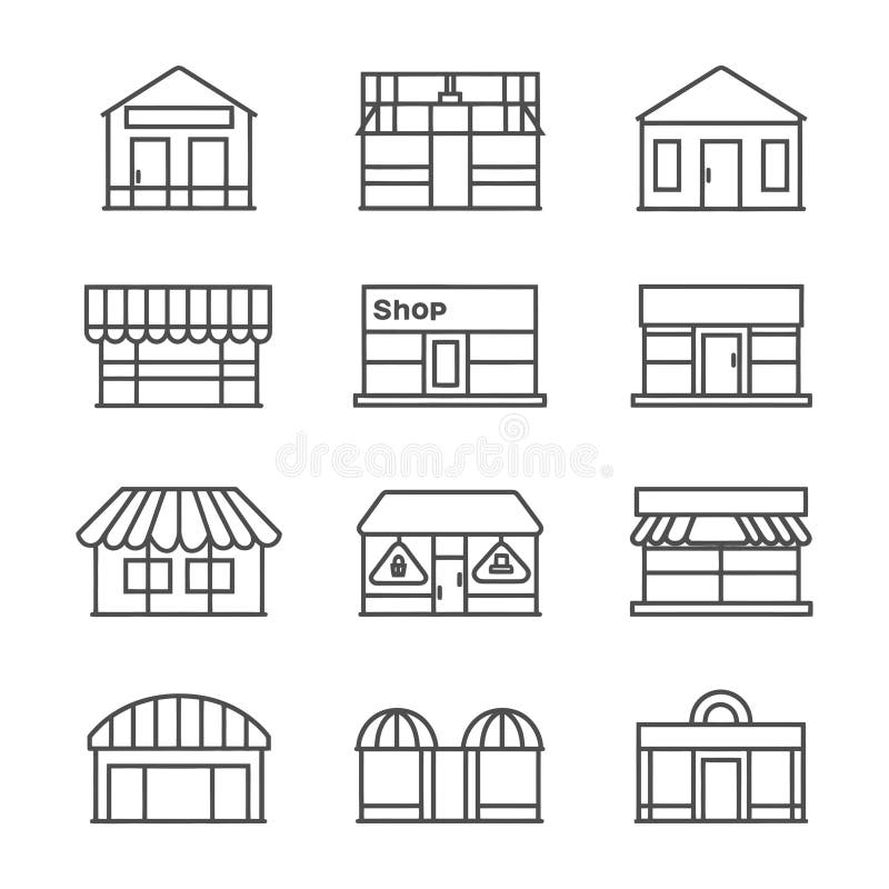Collection of Store and Shop Building Line Icons Stock Vector ...