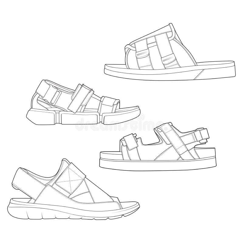 4 Set Strap Sandals Outline Drawing Vector, Strap Sandals in a Sketch ...
