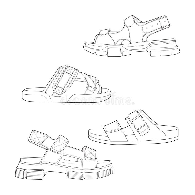 4 Set Strap Sandals Outline Drawing Vector, Strap Sandals in a Sketch ...