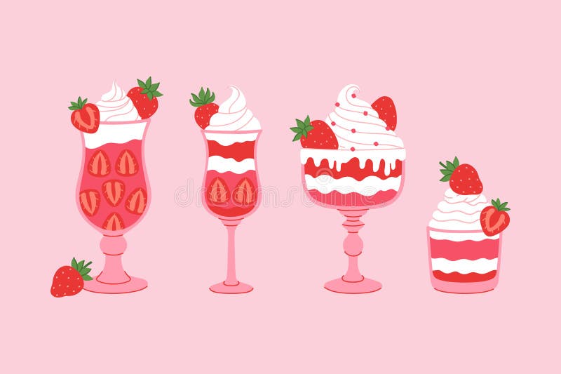 A Set of Strawberry Parfaits in Various Glasses. Vector Graphics Stock ...
