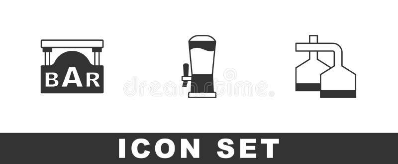 Set Street Signboard with Bar, Beer Tap and Brewing Process Icon ...