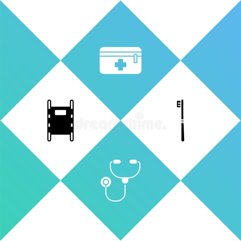 Set Stretcher, Stethoscope, First Aid Kit and Toothbrush Icon. Vector ...