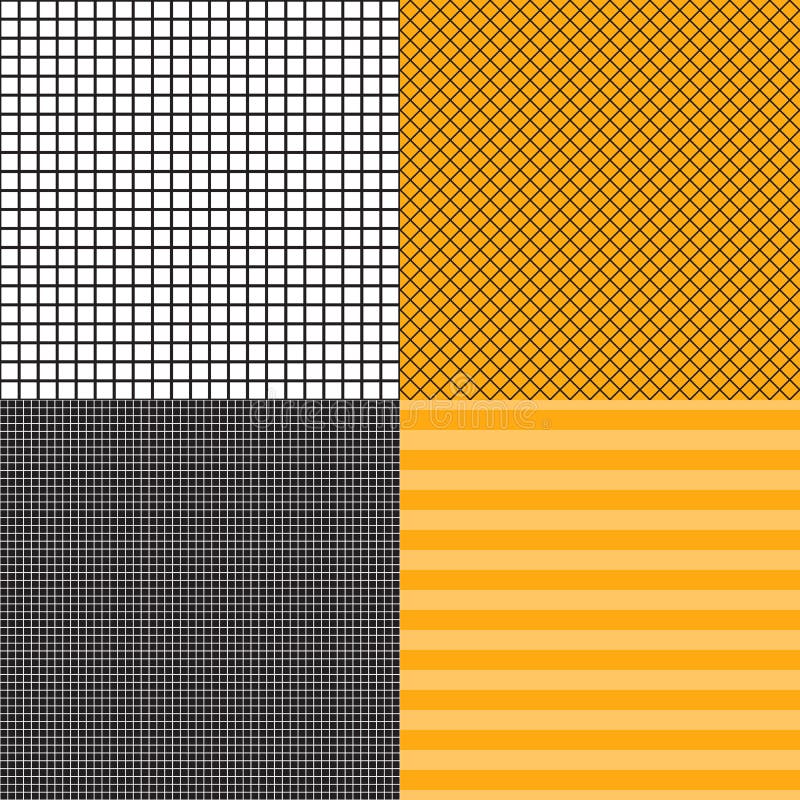 Set of Striped and Grid Cells Seamless Patterns. Orange with Yellow and ...