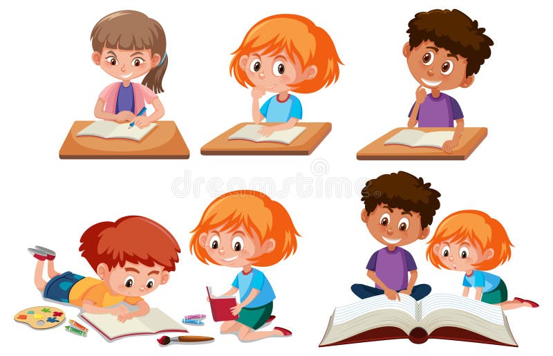 Set of Student Cartoon Character Learning Stock Vector - Illustration ...