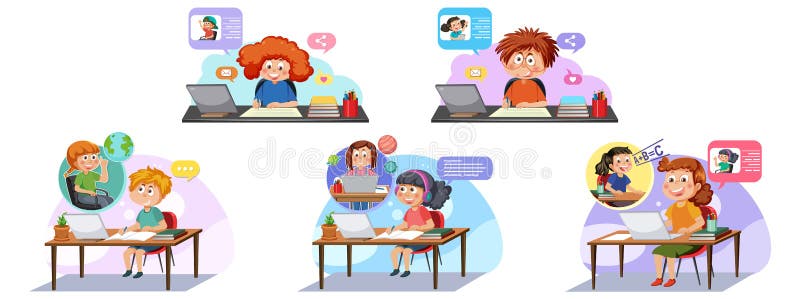 Set of Student Cartoon Character Online Learning and Meeting Stock ...