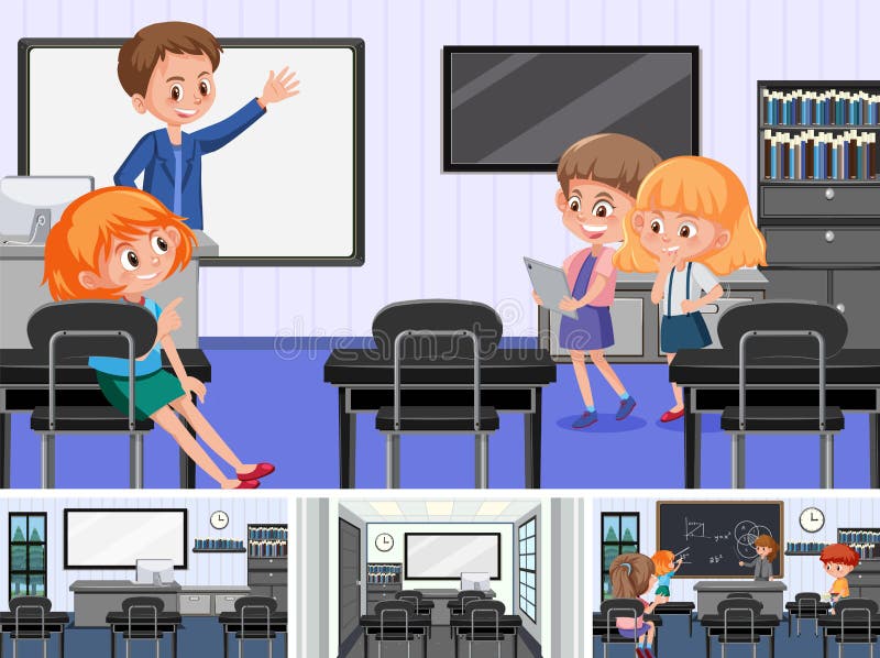 Set of Student in the Classroom Scene Stock Vector - Illustration of ...