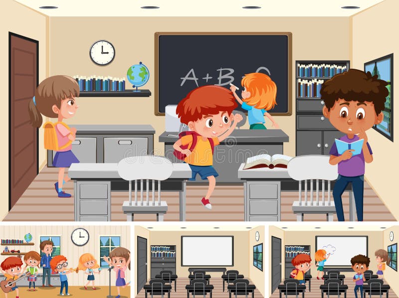 Set of Student in the Classroom Scene Stock Vector - Illustration of ...