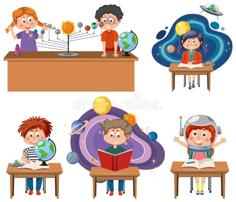 Set of Student Kids Learning Astronomy Stock Vector - Illustration of ...
