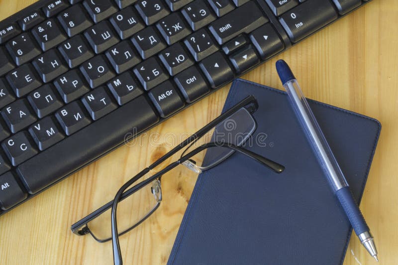 Set of Student Learning Glasses, Notepad for Writing Stock Photo ...