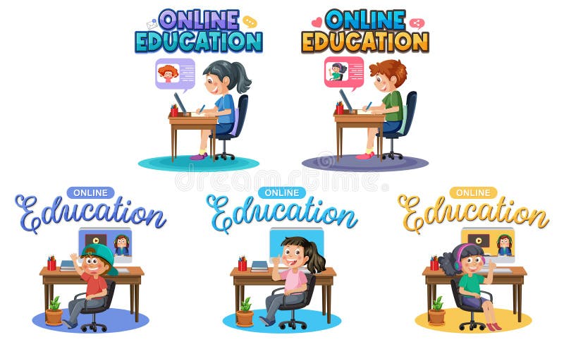 Set of Student Learning Online Using Computer Stock Vector ...