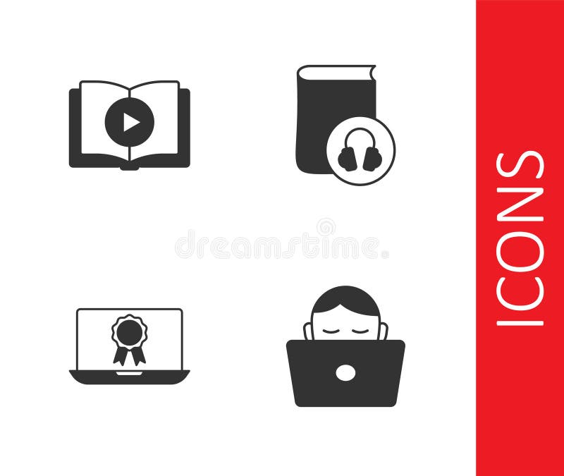 Set Student Working at Laptop, Audio Book, Online Education with ...