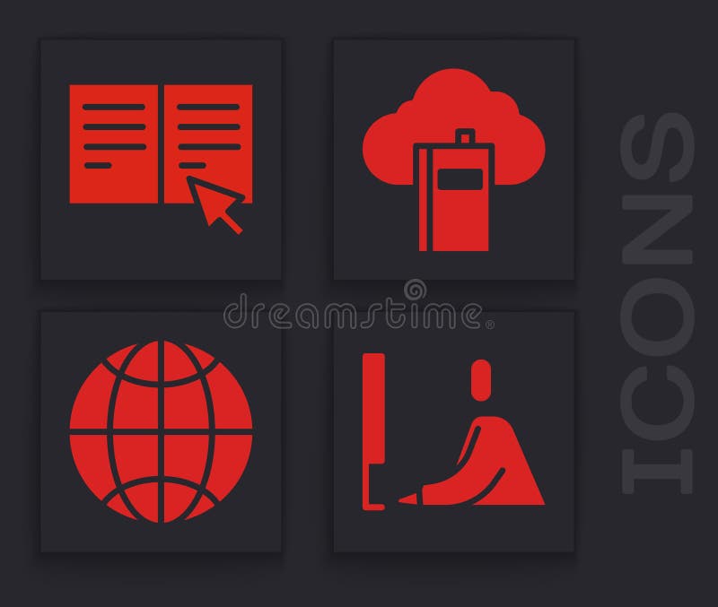 Set Student Working at Laptop, Online Book, Cloud or Online Library and ...