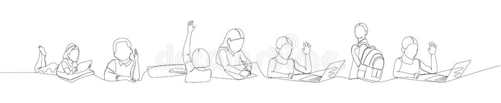 Set of Students Answering in Lessons, Online Learning One Line Art ...