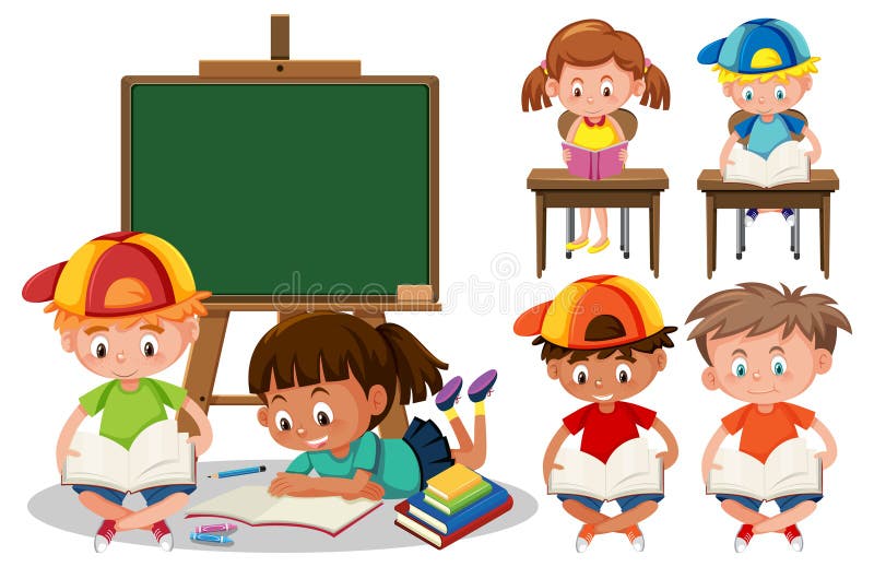Set of Students Cartoon Character Learning Stock Vector - Illustration ...
