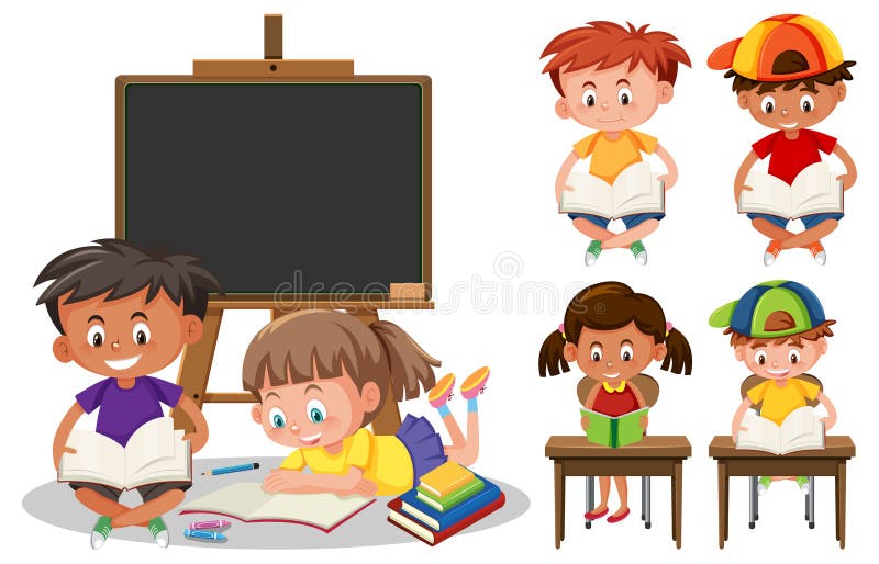 Set of Students Cartoon Character Learning Stock Vector - Illustration ...