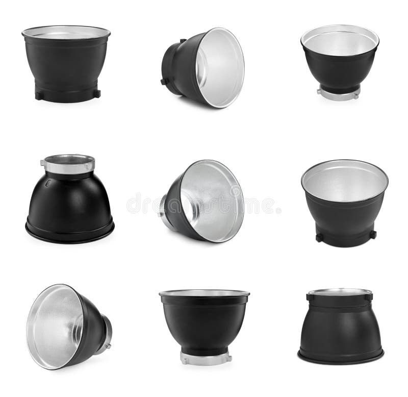 Set with Studio Flash Light Reflectors on White Background Stock Image ...