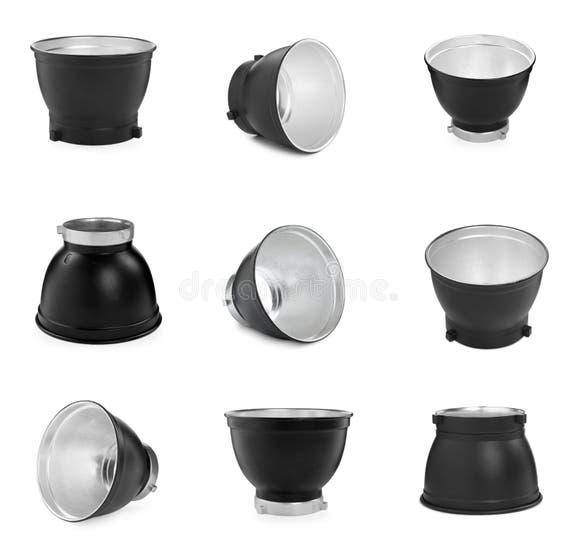 Set with Studio Flash Light Reflectors on White Background Stock Image ...
