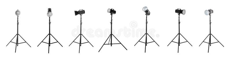 Set with Studio Flash Lights on Tripods Against White Background ...