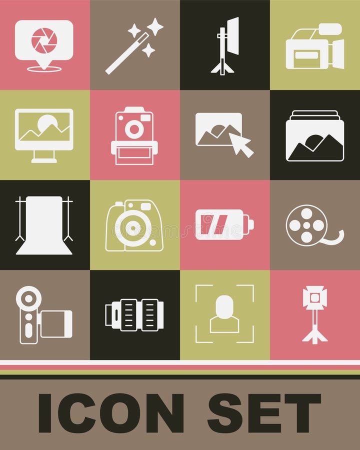 Set Studio Light Bulb in Softbox, Film Reel, Photo Frame, Camera ...