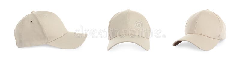 Set with Stylish Beige Baseball Caps on White Background. Banner Design ...