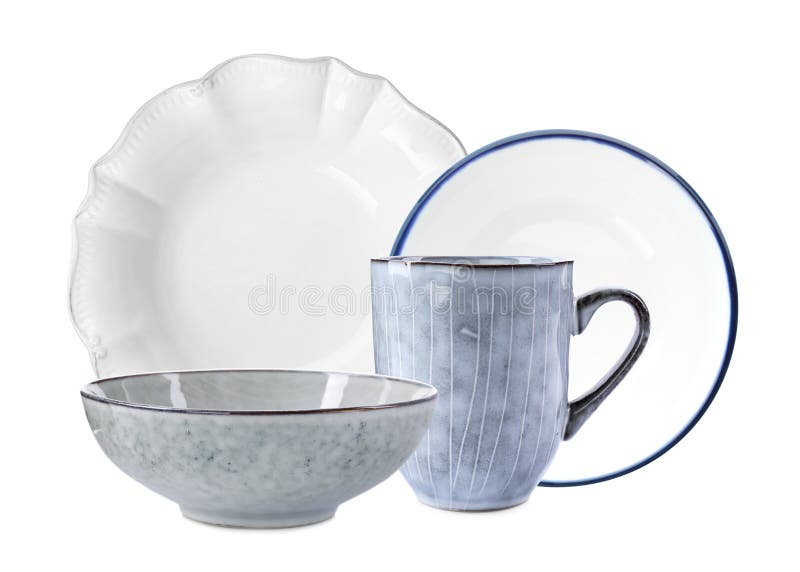 Set of Stylish Ceramic Dinnerware on White Background Stock Photo ...