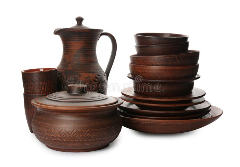 Set of Stylish Clay Dishes on White Background Stock Image - Image of ...