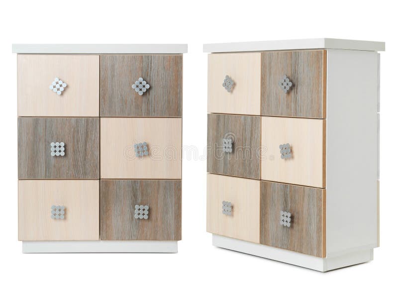 Set of Stylish Commodes on White. Furniture for Wardrobe Stock Photo ...