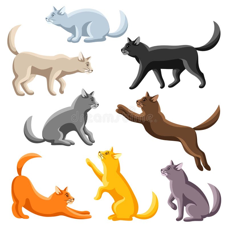Set of Stylized Cats in Various Poses. Stock Vector - Illustration of ...