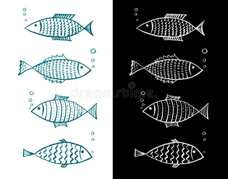 Set of Stylized Fish Isolated on White and Black Backgrounds Stock ...