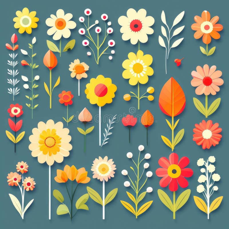 Set of Stylized Flat Design Flowers on a Soft Background Stock ...