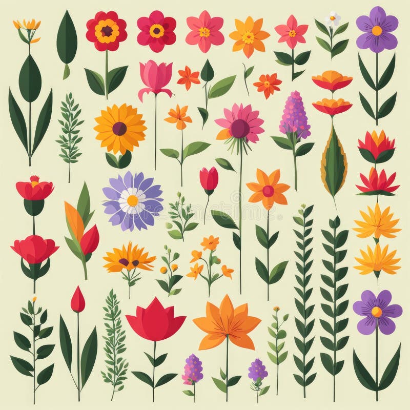 Set of Stylized Flat Design Flowers on a Soft Background Stock ...