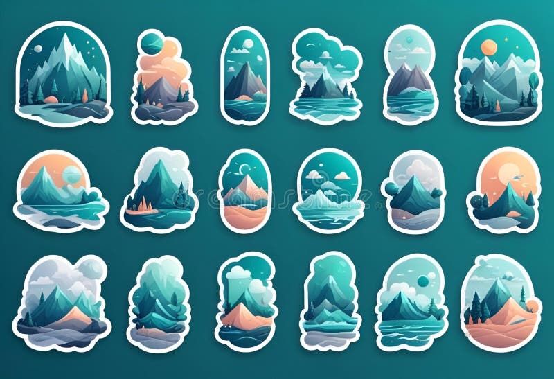 Set of Stylized Stickers with Landscape and Trees Illustration Design ...