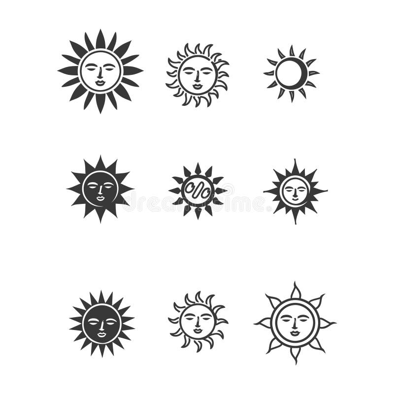 Collection of Nine Stylish Sun Icons with Face: Summer, Nature, Design ...
