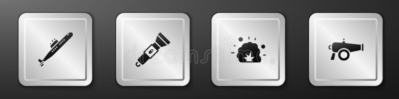 Set Submarine, Flashlight, Bomb Explosion and Cannon Icon. Silver ...