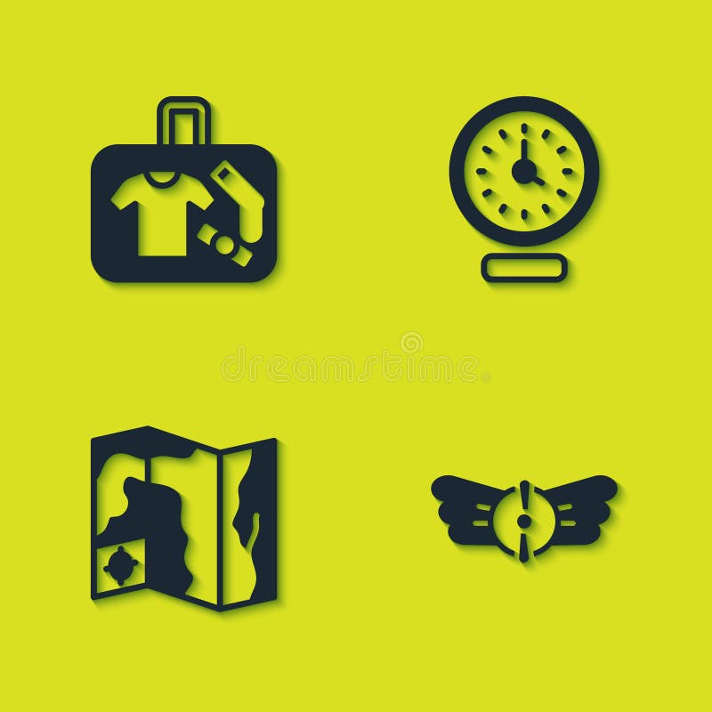 Set Suitcase, Aviation Emblem, World Travel Map and Clock Icon. Vector ...