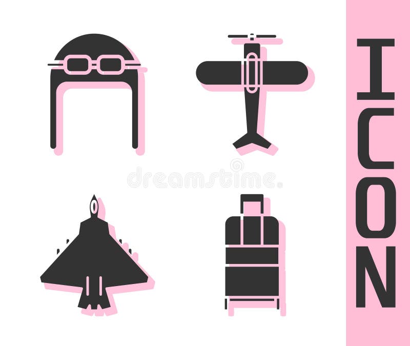 Set Suitcase, Aviator Hat with Goggles, Jet Fighter and Plane Icon ...