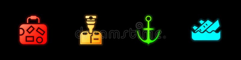 Set Suitcase, Captain of Ship, Anchor and Sinking Cruise Icon. Vector ...
