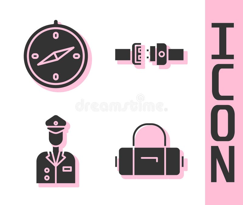 Set Suitcase, Compass, Pilot and Safety Belt Icon. Vector Stock Vector ...