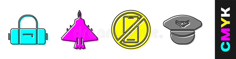 Set Suitcase, Jet Fighter, No Cell Phone and Pilot Hat Icon. Vector ...