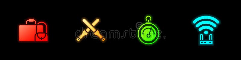 Set Suitcase, Marshalling Wands, Barometer and Router Wi-fi Signal Icon ...