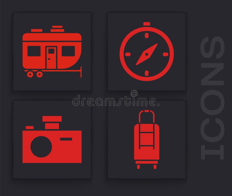 Set Suitcase, Rv Camping Trailer, Compass and Photo Camera Icon. Vector ...