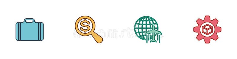 Set Suitcase for Travel, Magnifying Glass and Dollar, Globe with Flying ...