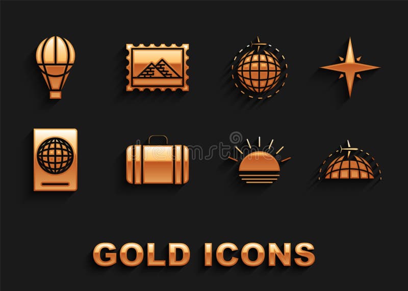 Set Suitcase for Travel, Wind Rose, Globe with Flying Plane, Sunset ... Set Suitcase for Travel, Wind Rose, Globe with Flying Plane, Sunset ...