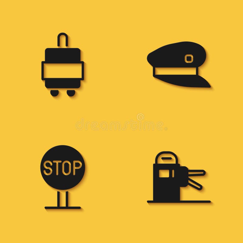 Set Suitcase, Turnstile, Stop Sign and Train Driver Hat Icon with Long ...