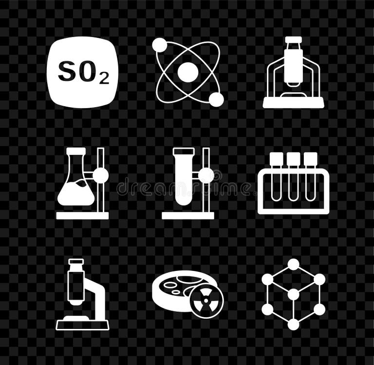 Set Sulfur Dioxide SO2, Atom, Microscope, Test Tube with Toxic Liquid ...