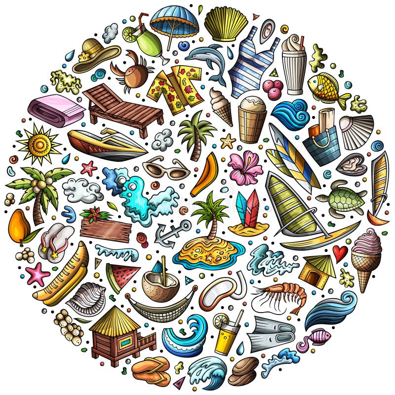 Set of Summer Beach Cartoon Doodle Objects. Round Composition Stock ...